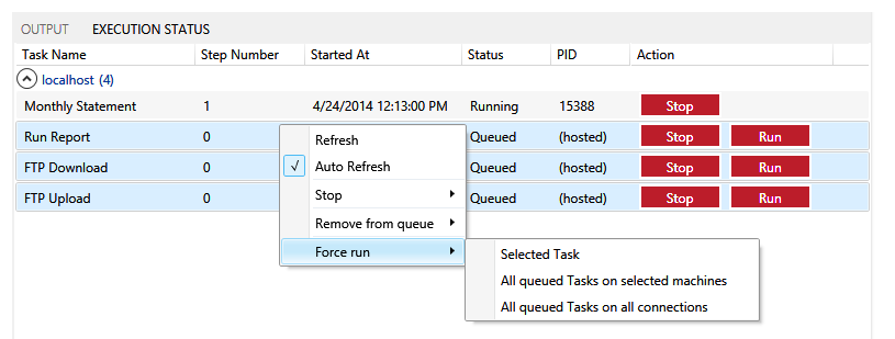 Task Administrator Output Execution Status Panel