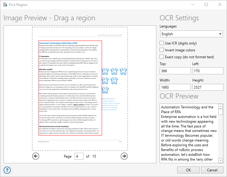 Pick Region Dialog Box (Legacy OCR Engine)