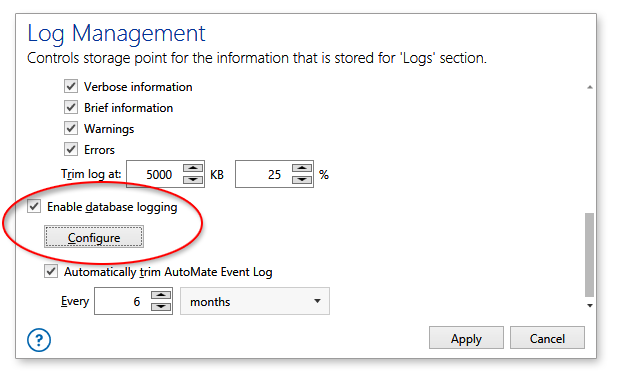 External Database Logging Configuration