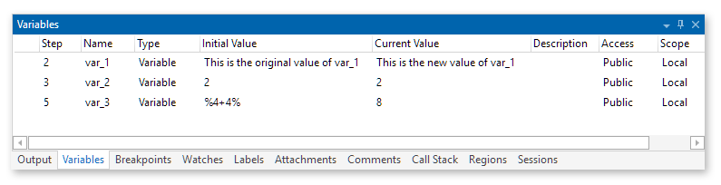 Debug Panel - Variables
