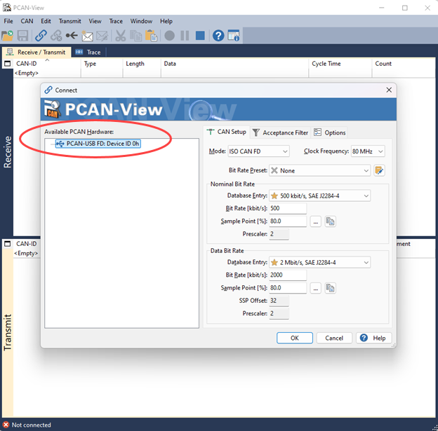 CAN bus Connection with a PCAN-USB FD Adapter