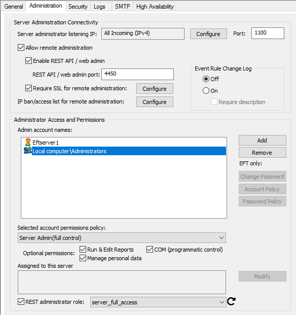 Administration Tab of EFT