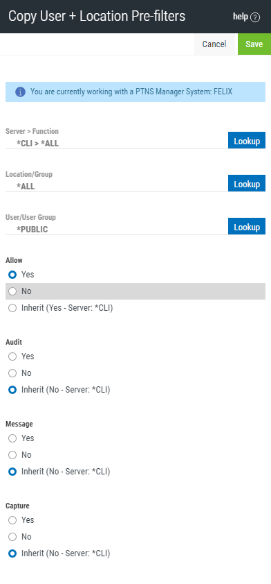 Copy User+Location Pre-Filters screen