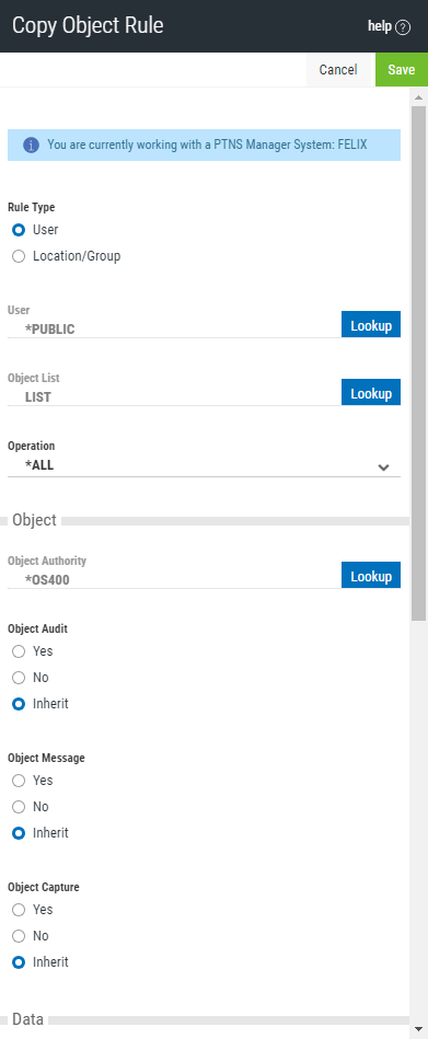 Copy Object Rules screen