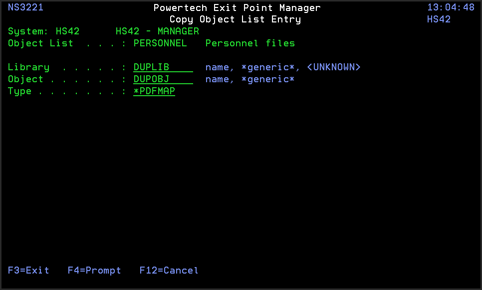 Copy Object List Entry panel