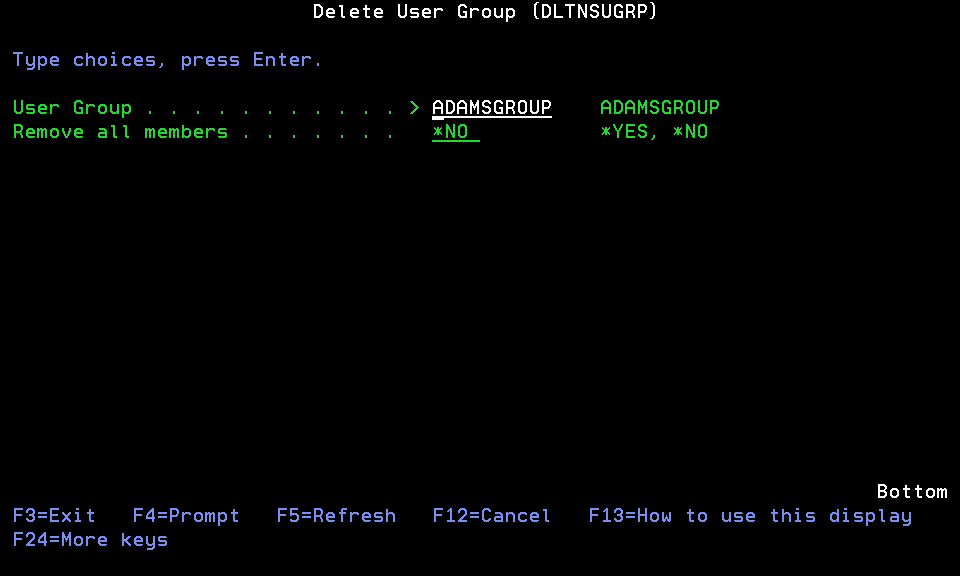 Delete User Group (DLTNSUGRP) panel