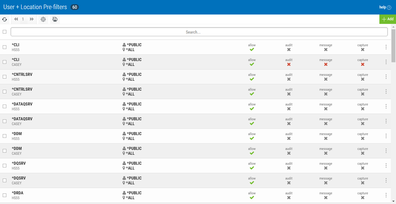 Location + User Pre-filters screen