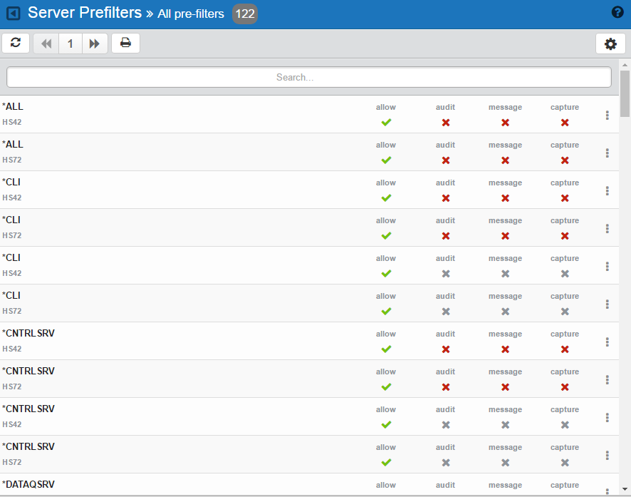 Server Pre-filters screen