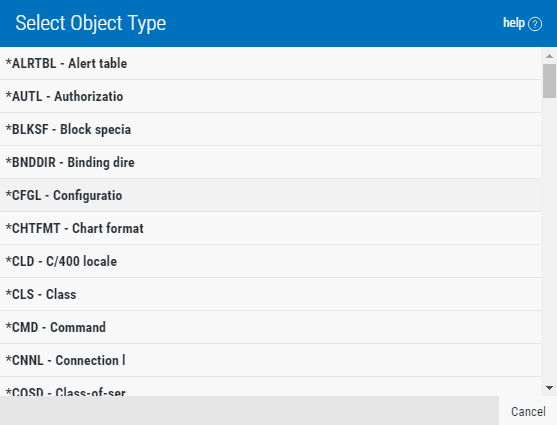 Types of Object Entries Selection window