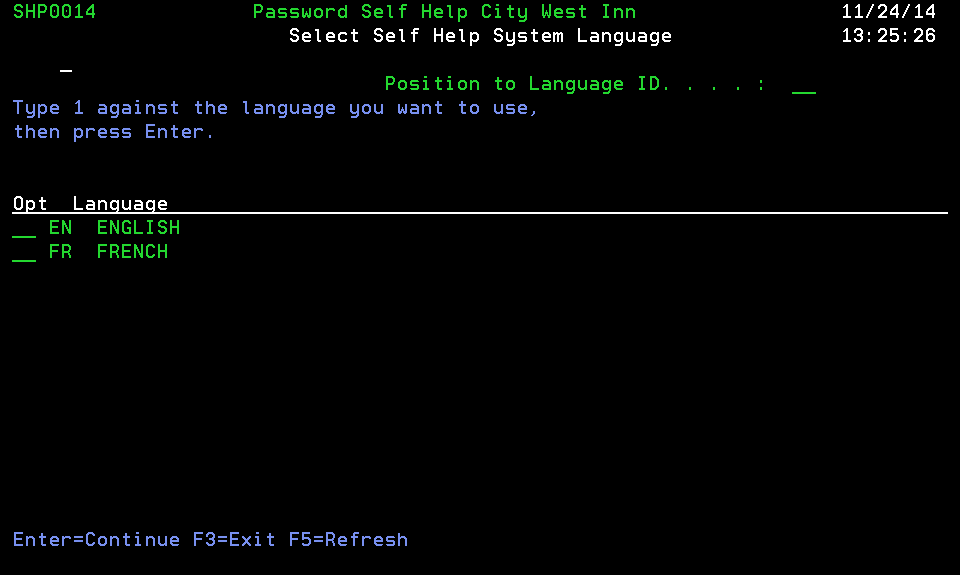 Select Self Help System Language- SHP0014