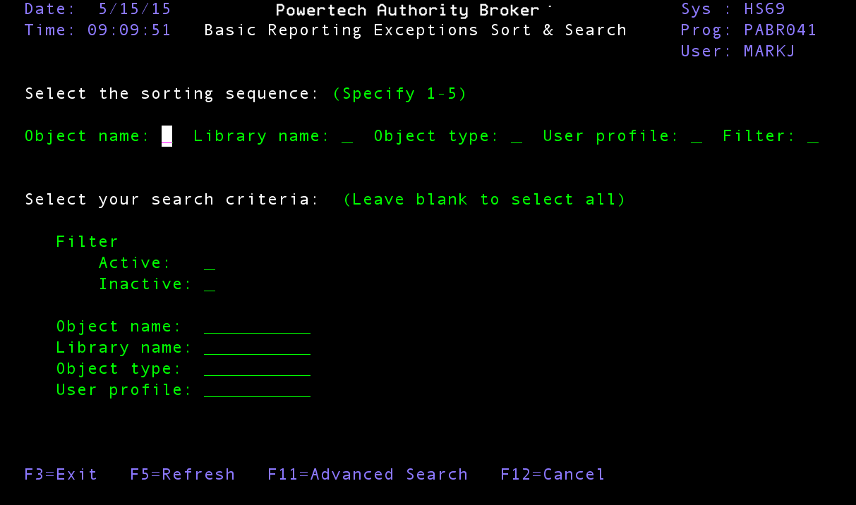 Basic Reporting Exceptions Sort & Search screen