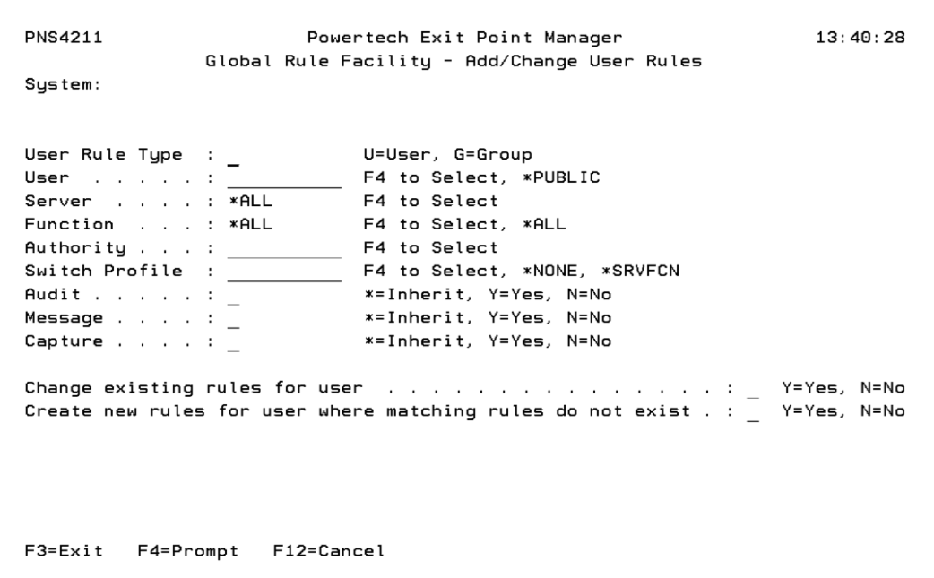 Global Rule Facility - Add/Change User Rules