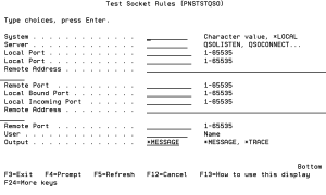 Test Socket Rules command (PNSTSTQSO) panel