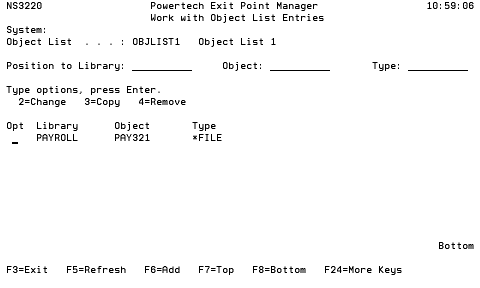 Work with Object List Entries panel