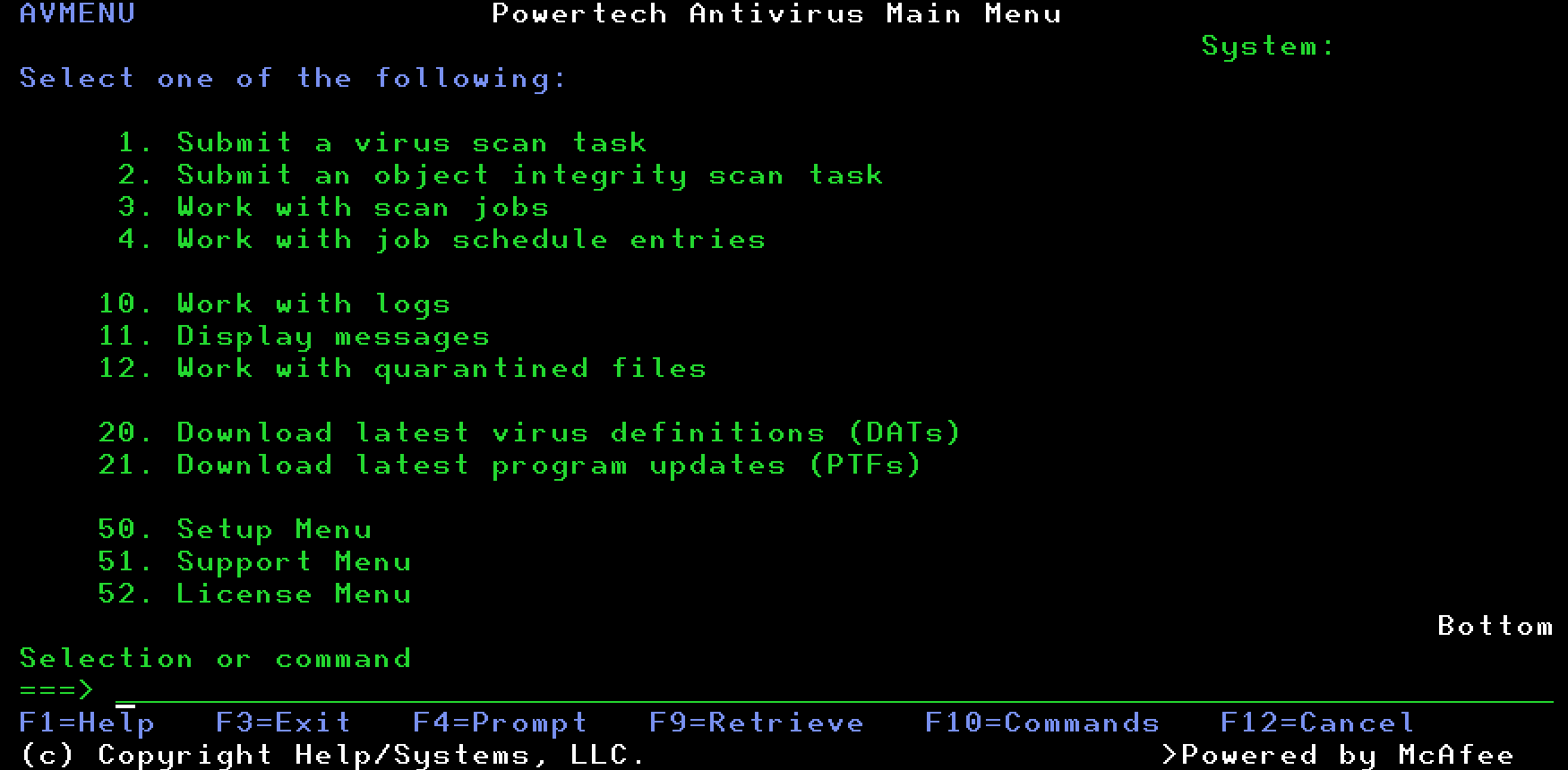 Powertech Antivirus for IBM i Menus